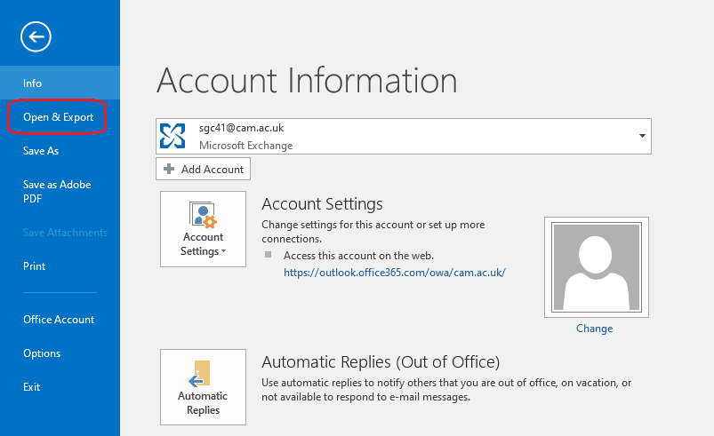 Outlook – Open and Export